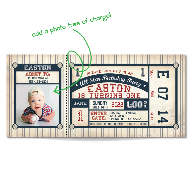 Vintage Baseball Ticket Birthday Invitation w/ Photo Customization ...