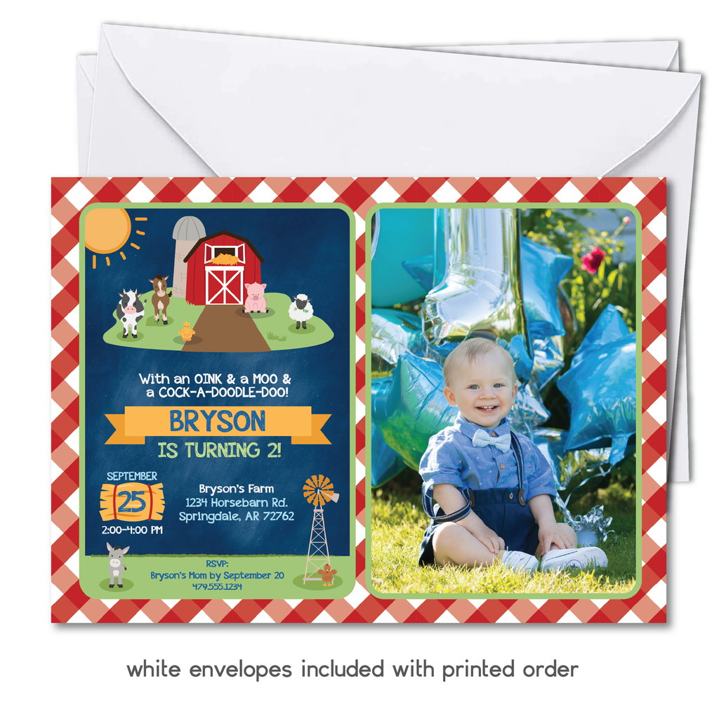 Kids Farm Themed Birthday Invitation - On the Farm Party Invite w/ Pho ...